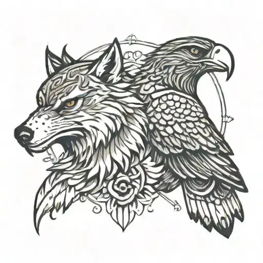 Neo-Traditional "A Hawk And A Wolf" Tattoo - BlackInk AI