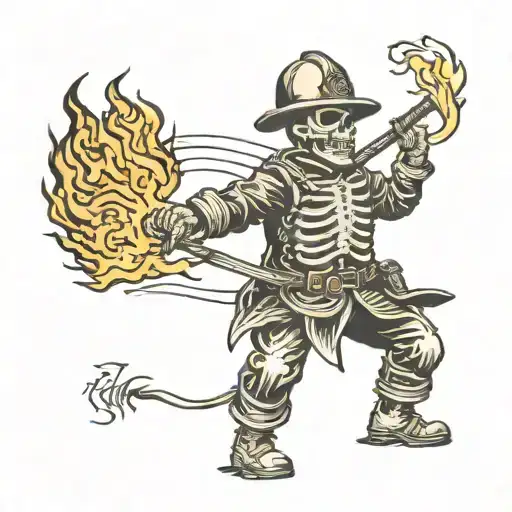 Traditional "Skeleton Firefighter Battling Flames" Tattoo - BlackInk AI