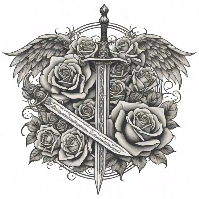 Black and Grey "Sword, Rose, Angel Wings" Tattoo - BlackInk AI