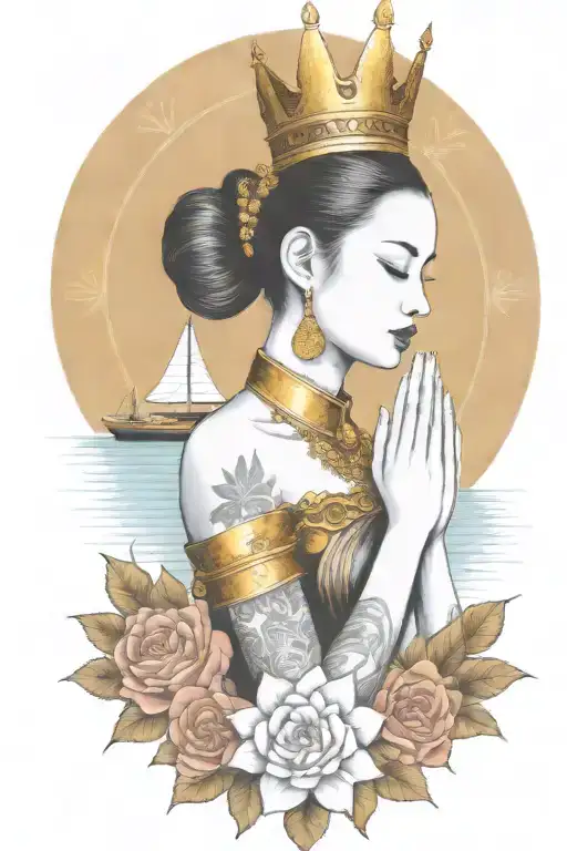 Neo-Traditional "Praying Maiden Wearing Thai Gold Crown..." Tattoo ...