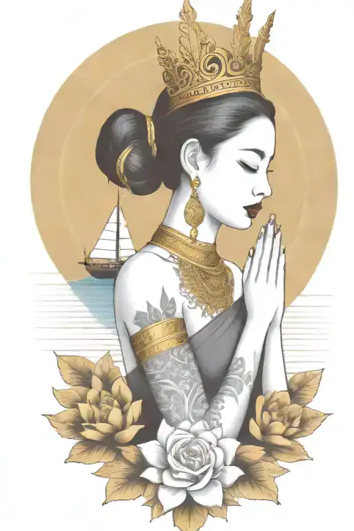 Praying Maiden Wearing Tall Gold Thai... Temporary Tattoo - BlackInk AI