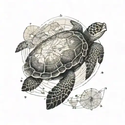 Dotwork "A Sea Turtle With A Map Of The World..." Tattoo - BlackInk AI