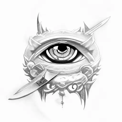 Blackwork "Lucifer Eye With Sword And Blood" Tattoo - BlackInk AI