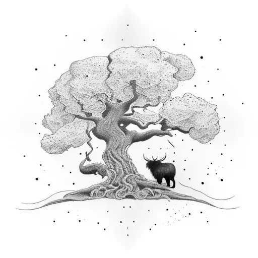 Blackwork "Oak Tree With Odin Hanging And Bleeding" Tattoo - BlackInk AI