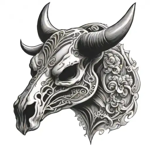 Black and Grey "Bull Skull" Tattoo Idea - BlackInk AI