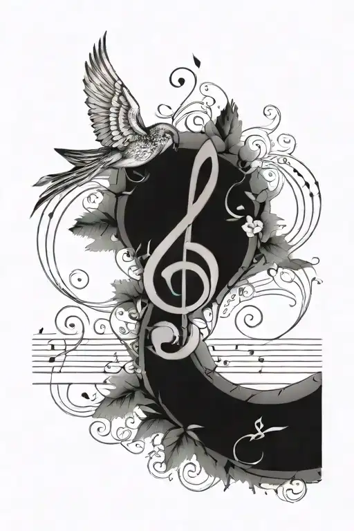 Chicano "Treble Clef Nature Birds" Tattoo - BlackInk AI