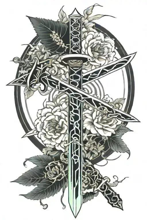 Cyber Sigilism "Japanese Sword And Flowers" Tattoo - BlackInk AI