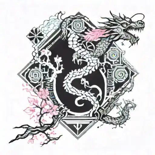 Cyber Sigilism "Sakura Tree With Dragon" Tattoo - BlackInk AI