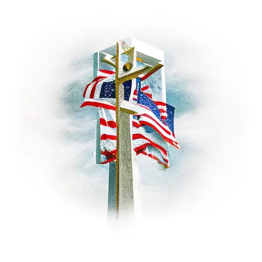 Surrealism "American Flag Draped Over Calvary Cross" Tattoo - BlackInk AI