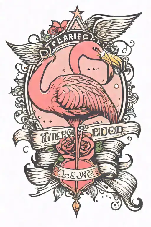 Traditional "Flamingo With Banner And Sparkles" Tattoo - BlackInk AI