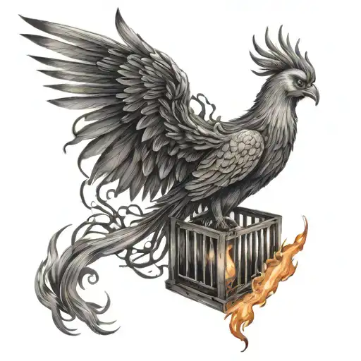 Realism "Phoenix Emerging From A Burning Cage" Tattoo - BlackInk AI