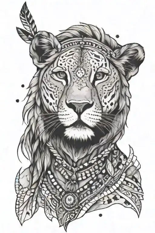 Dotwork "Lioness Native American Woman Strength..." Tattoo - BlackInk AI