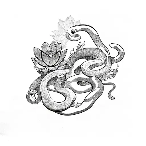 Sketch "Snake With Lotus Flowers" Tattoo Idea - BlackInk AI