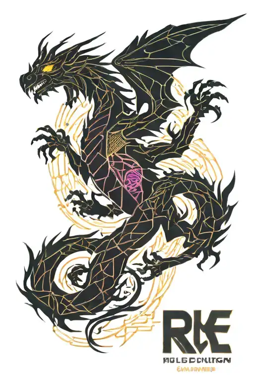 Cyber Sigilism "Rune Dragon Flying" Tattoo - BlackInk AI