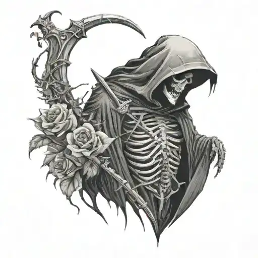 Realism "Grim Reaper Facing Left With Roses And..." Tattoo - BlackInk AI