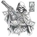 Realism "Grim Reaper Holding Money And Gun" Tattoo - BlackInk AI