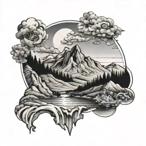 Black and Grey "Mountains, Oceanside, Countryside" Tattoo - BlackInk AI