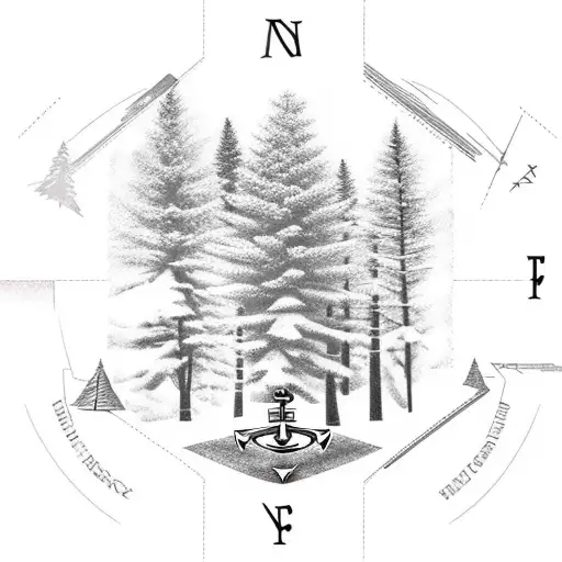 Realism "Pine Trees, Road, Compass, Scale, Dove,..." Tattoo - BlackInk AI
