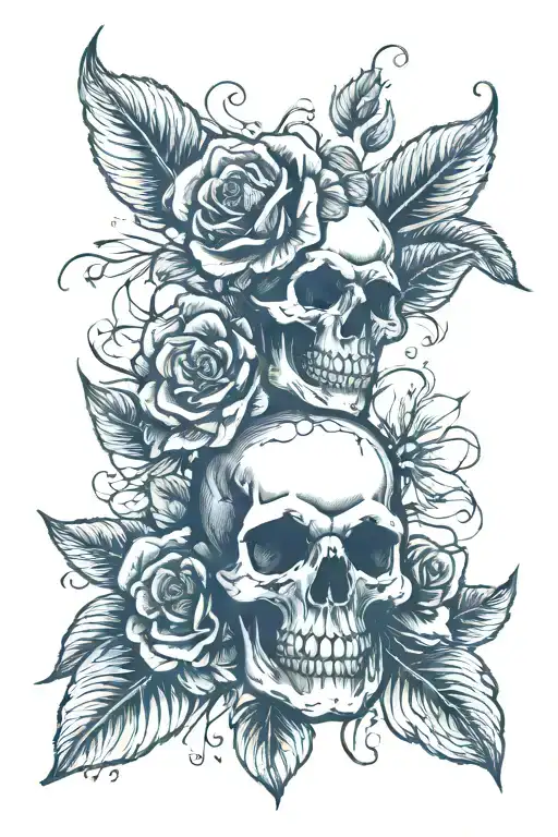 Traditional Skull And Roses Mayflowers Hibiscus Tattoo Blackink Ai
