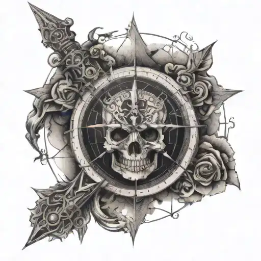 Skull Compass Sword Temporary Tattoo - BlackInk AI