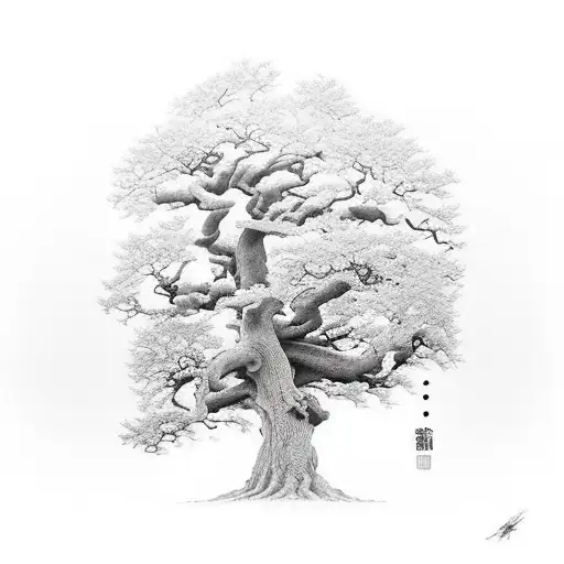 Japanese "Realistic Oak Tree Anderson Stand Sure..." Tattoo - BlackInk AI