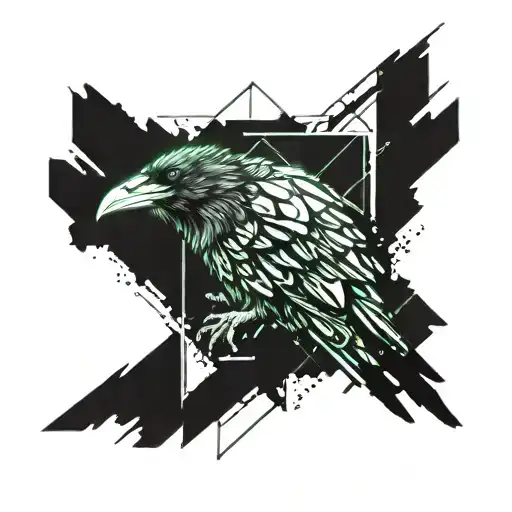 Cyber Sigilism "Raven Transforming From Broken Glass" Tattoo - BlackInk AI