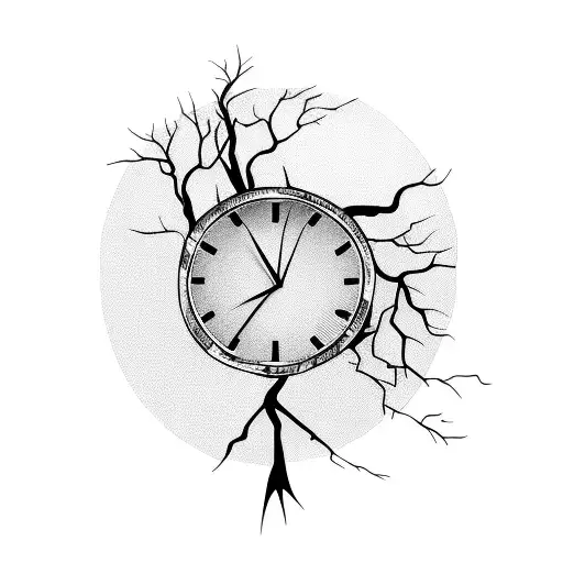 Blackwork "Broken Clock With Tree Roots Breaking..." Tattoo - BlackInk AI