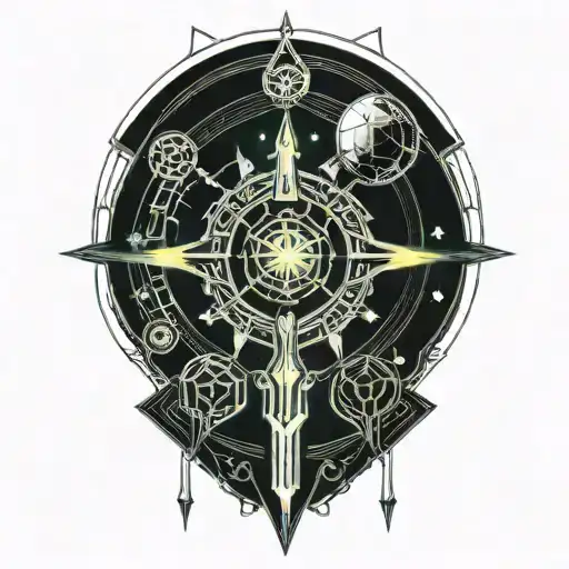 Cyber Sigilism "Planets Orbiting A Sword" Tattoo - BlackInk AI