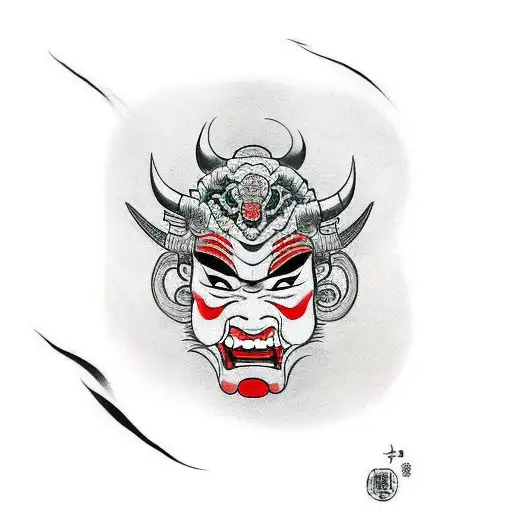 Japanese "Geisha Taking Off Oni Mask" Tattoo - BlackInk AI