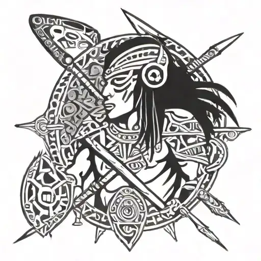 Blackwork "Taino Tribal Tattoo Tribesmen Spear" Tattoo - BlackInk AI