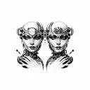 Blackwork "Cyborg Gemini Sisters Faces Conjoined..." Tattoo - BlackInk AI