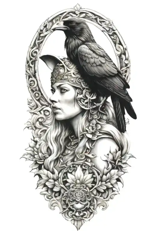 Realism "Freya With Raven" Tattoo - BlackInk AI