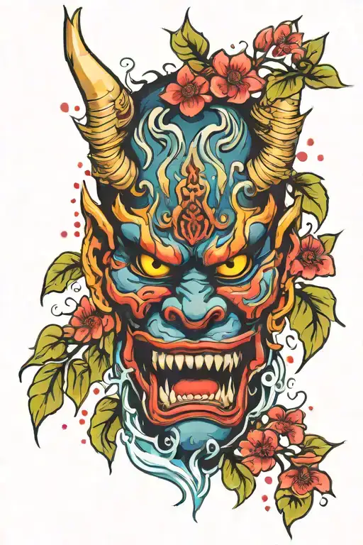 Oni Mask,water,cherry Blossem Tree Temporary Tattoo - BlackInk AI