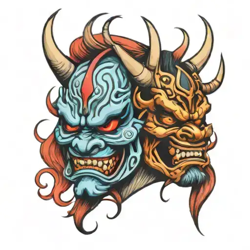 Neo-Traditional "Oni Mask Happy Sad Angry" Tattoo Idea - BlackInk AI