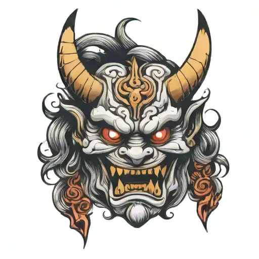 Neo-Traditional "Oni Mask Happy Sad Angry" Tattoo Idea - BlackInk AI