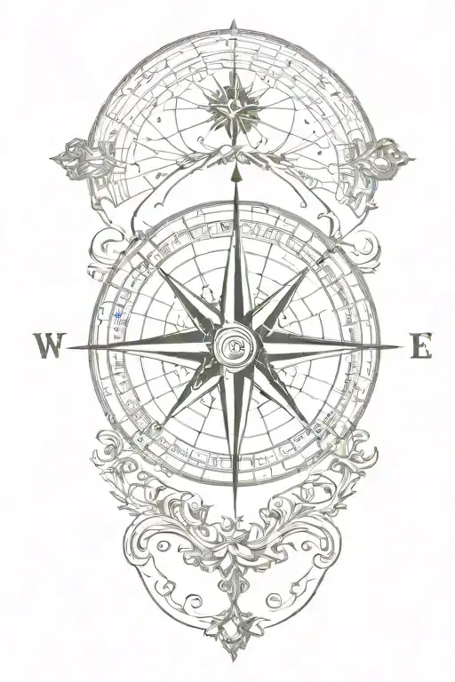 Stencil "Compass Rose Map, Include Cursive Text..." Tattoo - BlackInk AI