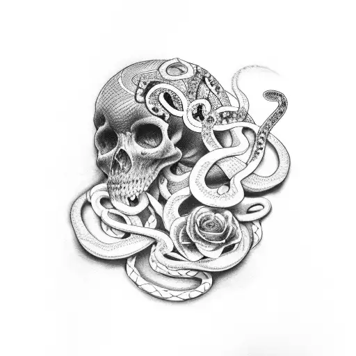 Dotwork "Omerta Tattoo With Snakes And Roses" Tattoo Idea - BlackInk AI