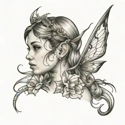 Fine Line Fairy Behind Ear Temporary Tattoo - BlackInk AI