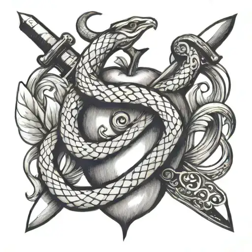 Black and Grey "Sword Snake Apple" Tattoo - BlackInk AI