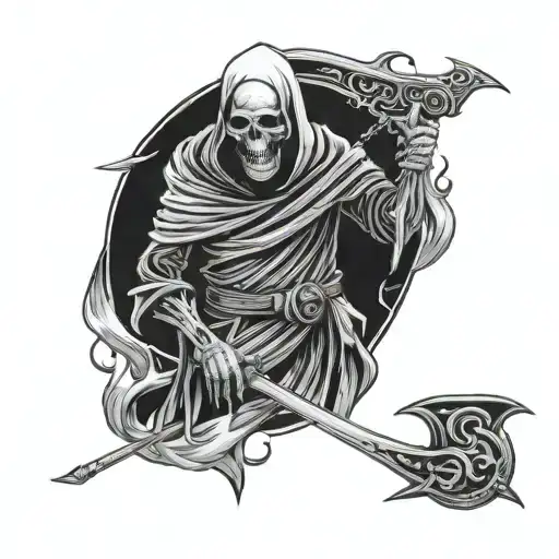 Blackwork "Half Oni Half Grim Reaper With Scythe" Tattoo - BlackInk AI